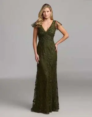 Mac Duggal Embroidered Applique Wrap Over Flutter Sleeve Gown