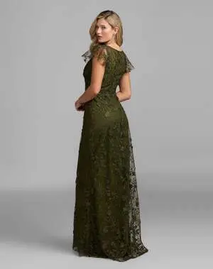 Mac Duggal Embroidered Applique Wrap Over Flutter Sleeve Gown