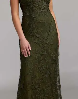 Mac Duggal Embroidered Applique Wrap Over Flutter Sleeve Gown
