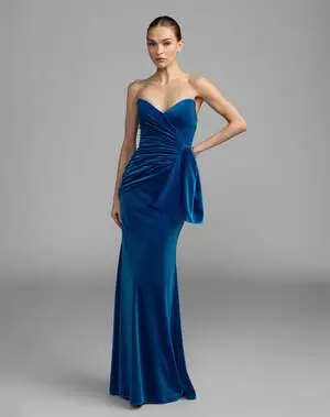 Mac Duggal Strapless Velvet Draped Column Gown