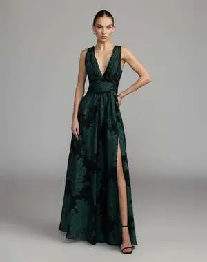 Mac Duggal Floral Plunge Neck Gown - Green