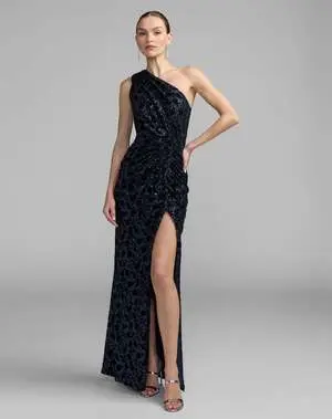 Mac Duggal Floral Sequin One Shoulder Gown