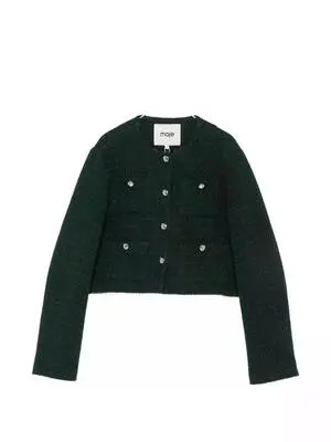 Maje Checked Cropped Tweed Jacket - Green