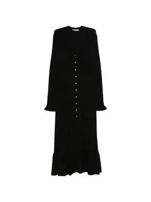 Maje Ribbed-knit Ruffled-trim Midi Dress - Black