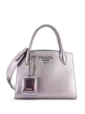 Prada Monochrome Saffiano With City Calf Small Tote Bag - Silver