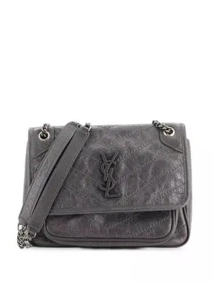 Saint Laurent Niki Chain Flap Bag Matelasse Chevron Leather Baby Shoulder Bag - Grey