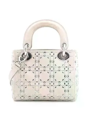 Dior Lady Bag Crystal Embellished Cannage Quilt Satin Mini Satchel - Grey