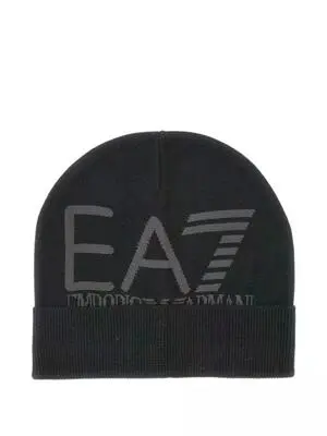 EA7 Logo-jacquard Ribbed Beanie Hat - Black