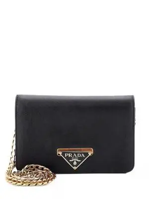 Prada Saffiano Leather Small Flap Wallet On Chain Clutch Shoulder Bag - Black