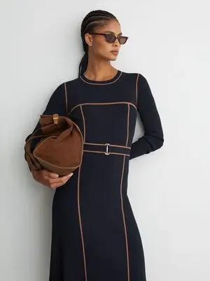 REISS Etta Colour-block Knitted Midi Dress - Navy/camel