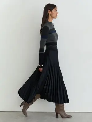 REISS Carla Striped Knit Mix Pleated Midi Dress - Grey