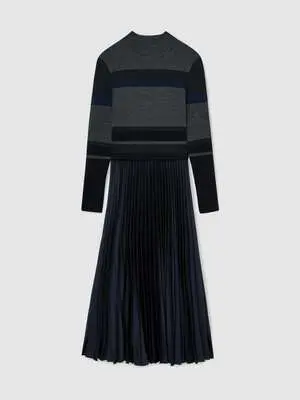 REISS Carla Striped Knit Mix Pleated Midi Dress