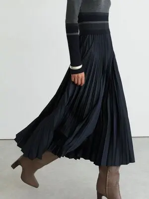 REISS Carla Striped Knit Mix Pleated Midi Dress