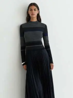 REISS Carla Striped Knit Mix Pleated Midi Dress