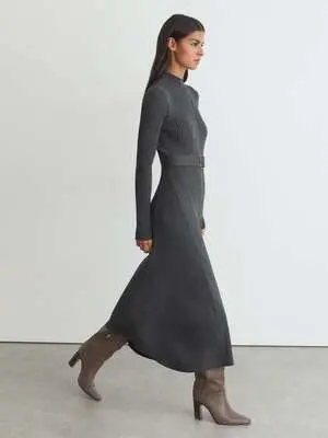 REISS Ella Rib-knit Belted Midi Dress - Grey