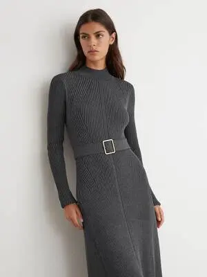 REISS Ella Rib-knit Belted Midi Dress