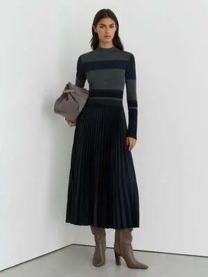 REISS Carla Striped Knit Mix Pleated Midi Dress - Grey