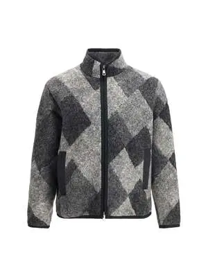 Moncler Wool Blend Zip Cardigan With Diamond Pattern - Gray