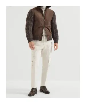 Brunello Cucinelli Suede Shearling And Cashmere Knit Bomber Jacket With Thermore Padding