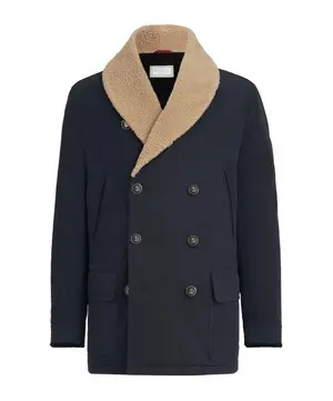 Brunello Cucinelli Bonded Nylon Double-breasted Coat With Shearling Lining - Navy Blue