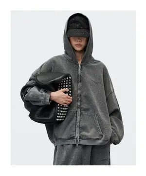 Alexander Wang Crystal Embellished Zip Up Hoodie - Washed Asphalt