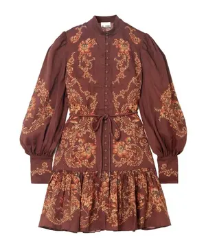 ALEMAIS Belted Tiered Printed Ramie Mini Dress