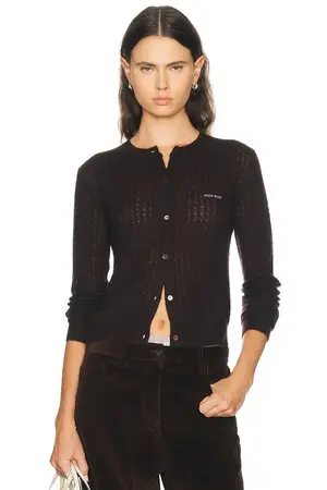 Miu Miu Cashmere Silk Pizzo Cardigan In Brown - Moro