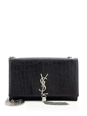 Saint Laurent Classic Monogram Tassel Crocodile Embossed Leather Medium Crossbody Bag - Black
