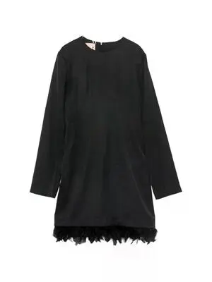 Plan C Feather-trim Long-sleeve Mini Dress - Black