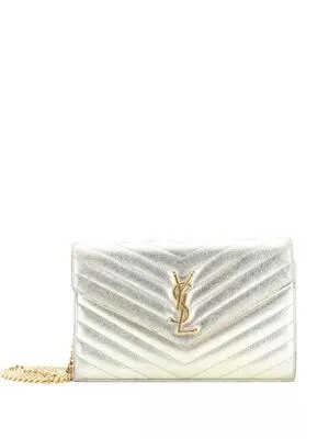Saint Laurent Classic Monogram Wallet On Chain Matelasse Chevron Metallic Leather Medium Crossbody Bag Silver