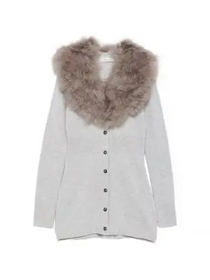Blumarine Faux-fur Collar Ribbed Cardigan