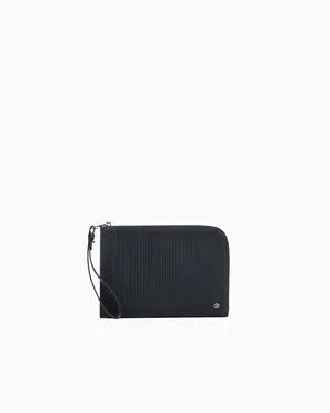 Giorgio Armani Leather Pouch With Wave Print And Wrist Strap - Black