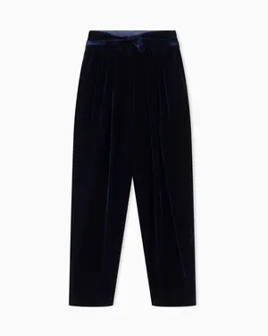 Giorgio Armani Pleated Trousers In Silk Velvet With Waistband Knot Detail - Navy Blue