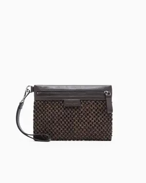 Giorgio Armani Raffia Clutch Bag With Leather Details - Brown
