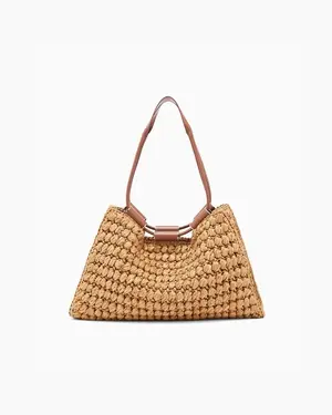 Giorgio Armani Medium Shopping Bag In Viscose Raffia And Smooth Leather - Beige