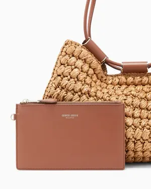 Giorgio Armani Medium Shopping Bag In Viscose Raffia And Smooth Leather