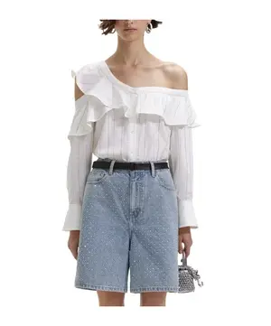 SELF-PORTRAIT Asymmetric Embellished Ruffled Shirt - Multicolor