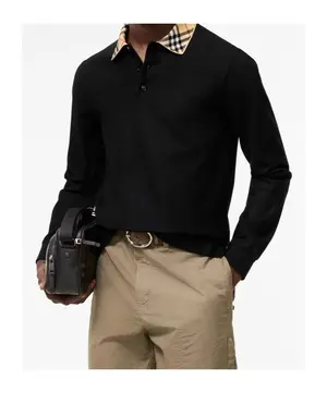 Burberry Long-sleeve Check Collar Cotton Polo Shirt