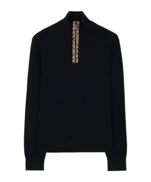 Burberry Check Trim Wool Half-zip Sweater - Navy