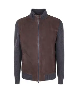 BARBA NAPOLI Zippered Patchwork Leather Jacket - Dark Brown