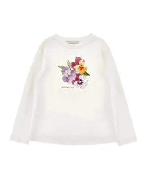 Monnalisa Floral Print Rhinestone-embellished Long-sleeved T-shirt - No