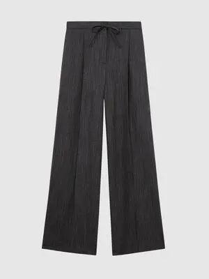 REISS Derby Wool-blend Wide-leg Drawstring Trousers - Dark Grey