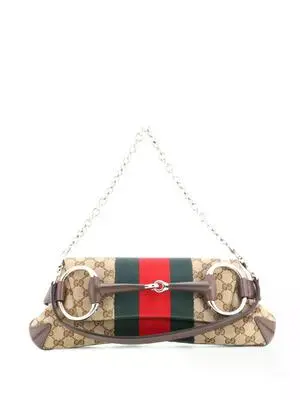 Gucci Horsebit Nm Web Chain Clutch Gg Canvas Medium Shoulder Bag - Brown