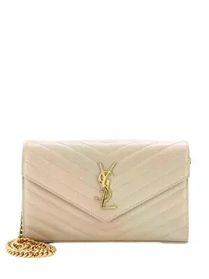 Saint Laurent Classic Monogram Wallet On Chain Matelasse Chevron Leather Medium Crossbody Bag - Neutrals