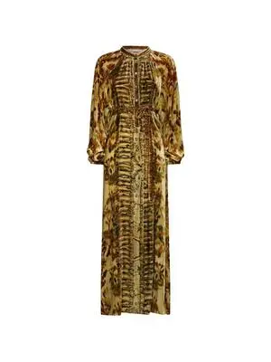 PIERRE-LOUIS MASCIA Velvet Abstract Print Ruffled Maxi Shirt Dress - Yellow