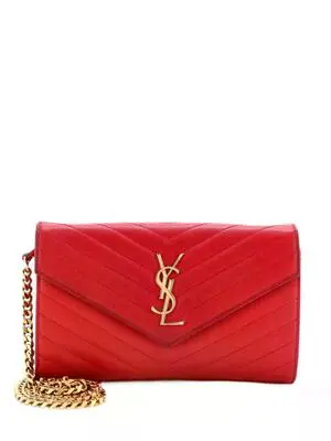 Saint Laurent Classic Monogram Wallet On Chain Matelasse Chevron Leather Medium Crossbody Bag - Red