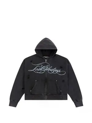 LOSTSHDWS Script-print Distressed Zip-up Hoodie