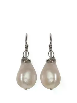 GIRL WITH A PEARL Wire-wrapped Pearl Drop Earrings - Silver
