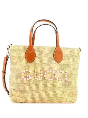 Gucci Logo Plaque Convertible Raffia Tote Bag