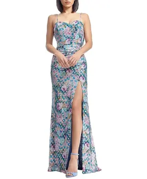 Dress The Population Drae Spaghetti Strap Floral Print Open Back High Slit Gown